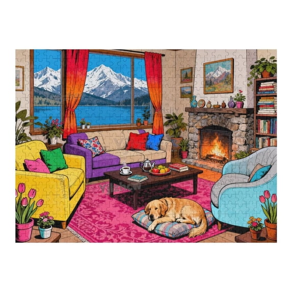 Cozy Log Cabin Interior with Lake View Wooden Puzzle 500 Pieces for ...