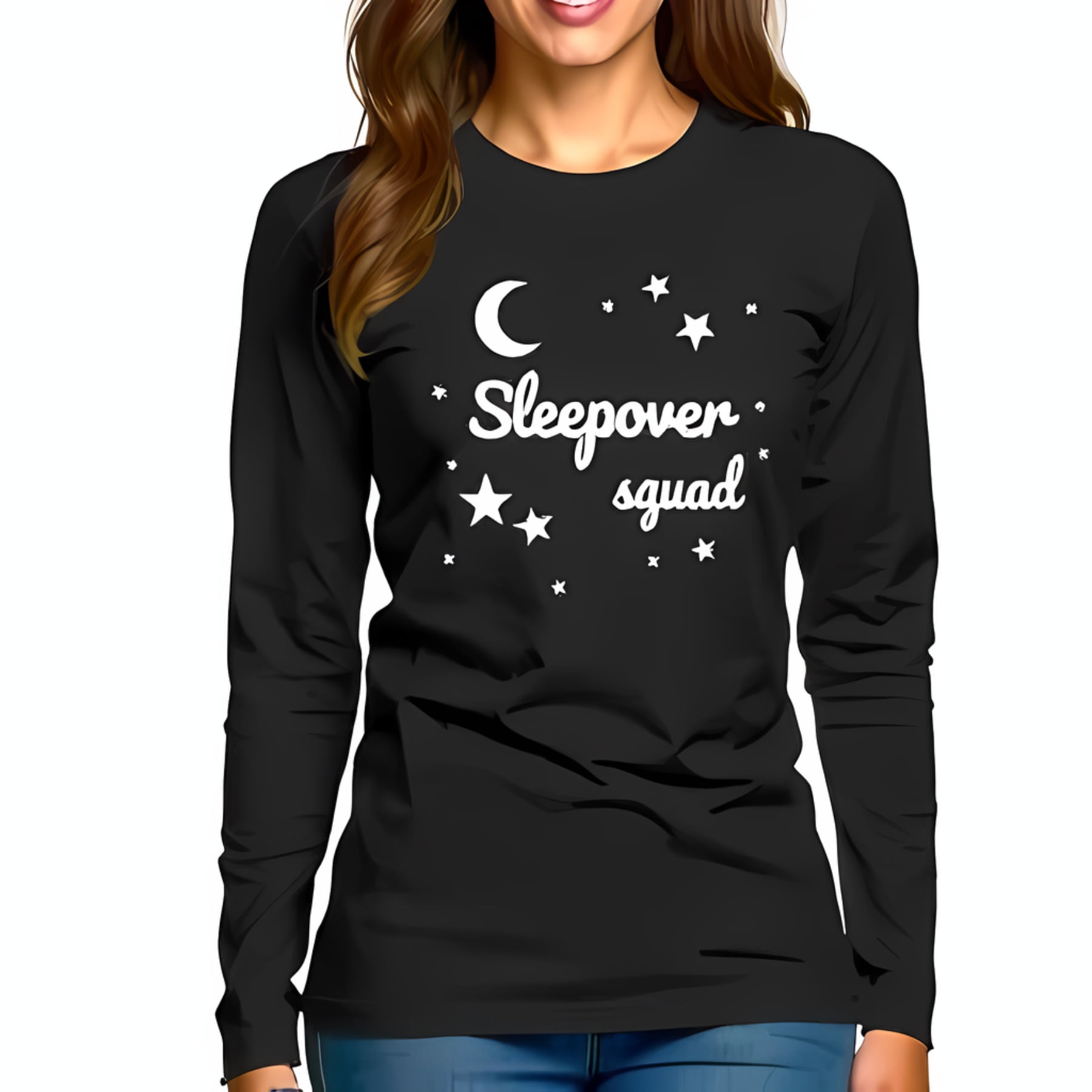 Cozy Long Sleeve T-Shirt for Sleepovers - 'Sleepover Squad' Graphic ...