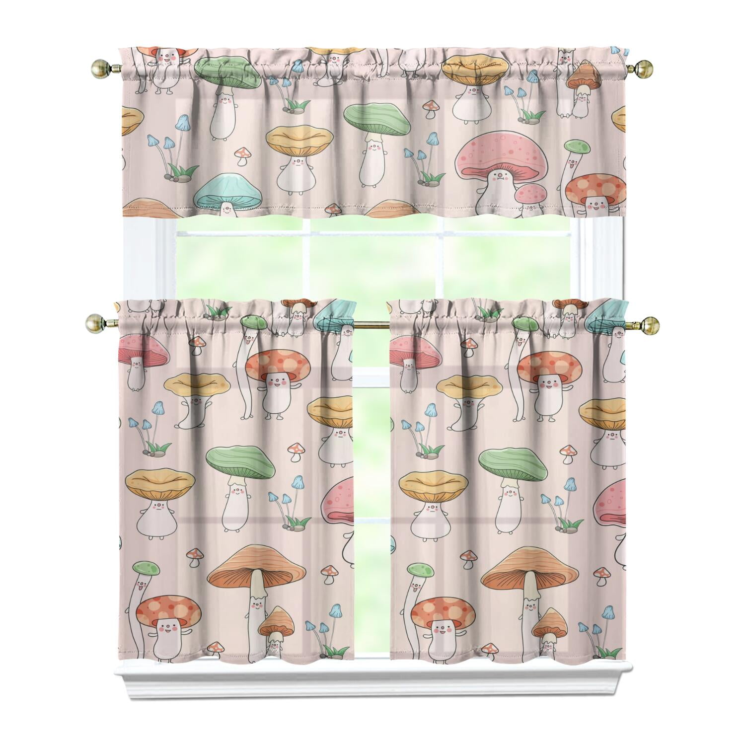 Cozy Mushroom Print Kitchen Curtains 3-Piece Set 27.5x36in Polyester ...