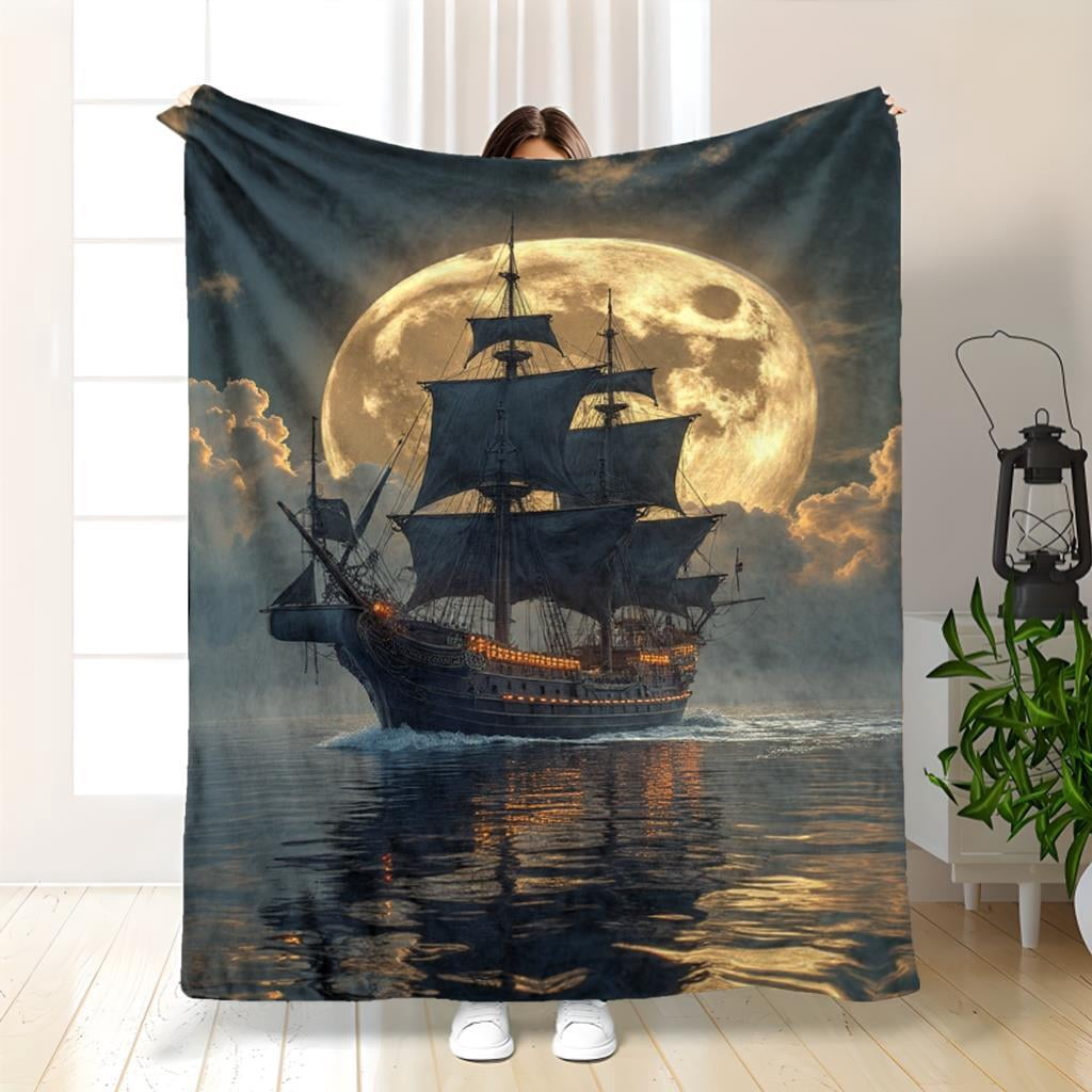Cozy Nautical Pirate Ship & Moonlit Ocean Flannel Blanket - Soft Plush ...