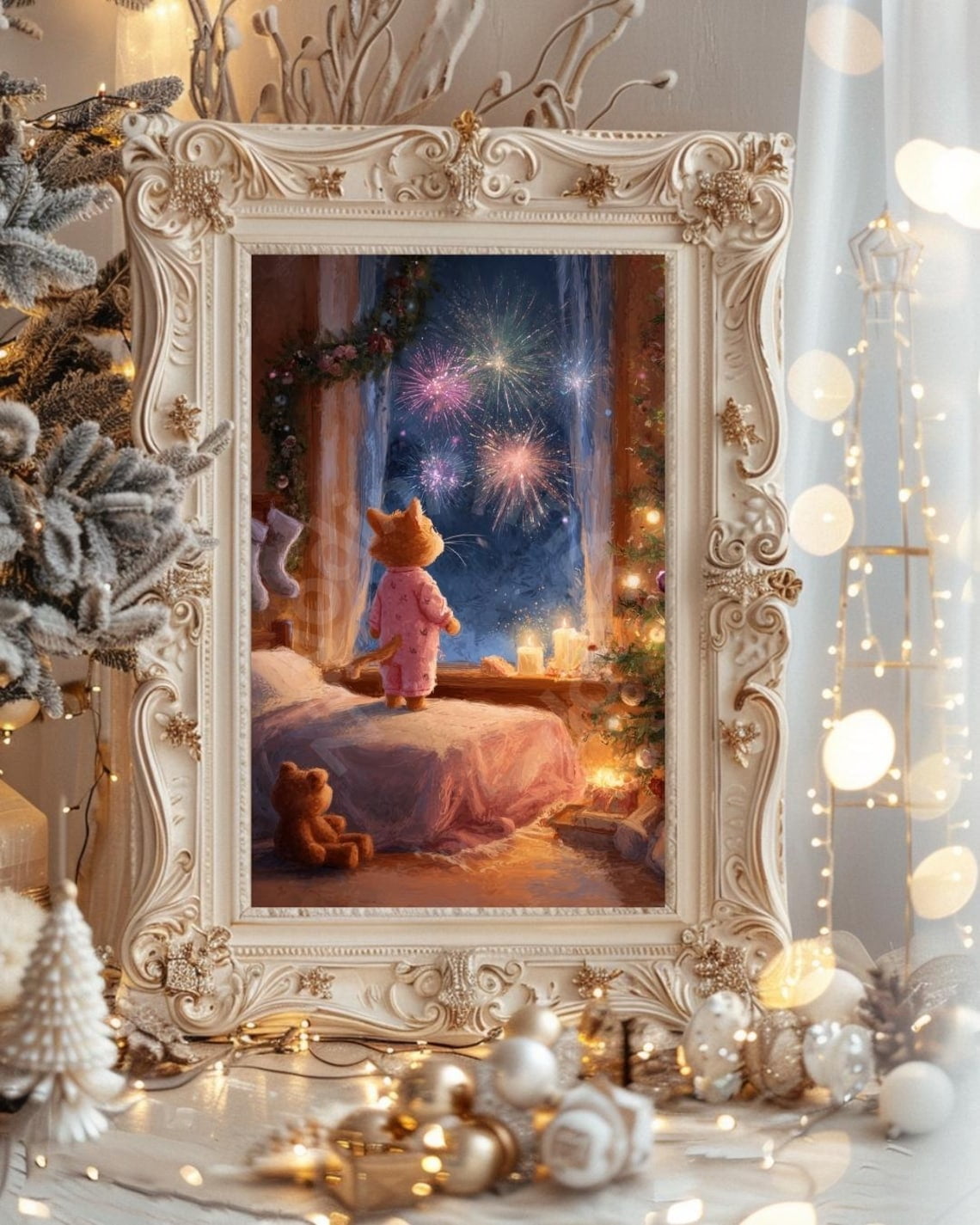 Cozy New Year Cat Art, Fireworks Print, Nursery Wall Art,Bedroom ...