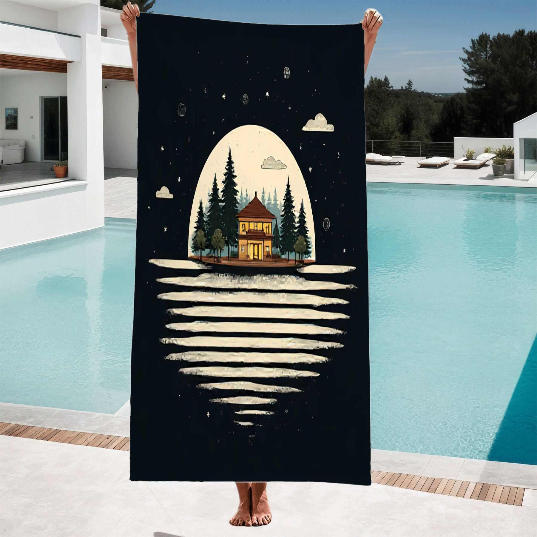 Cozy Night Scene Bath Towel - Serene Moonlit Design with Trees Perfect ...