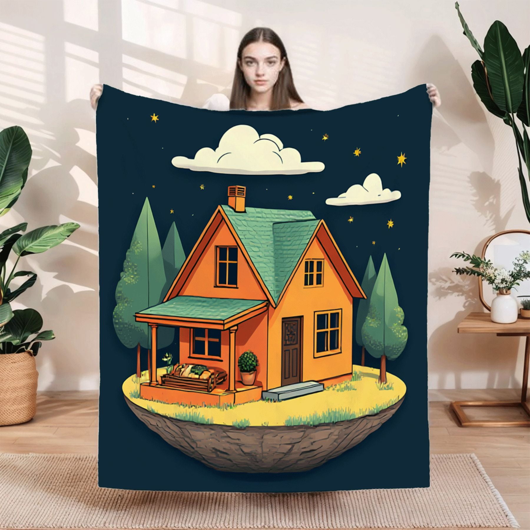 Cozy Orange House Flannel Blanket - Soft Warm and Durable for Sofa ...