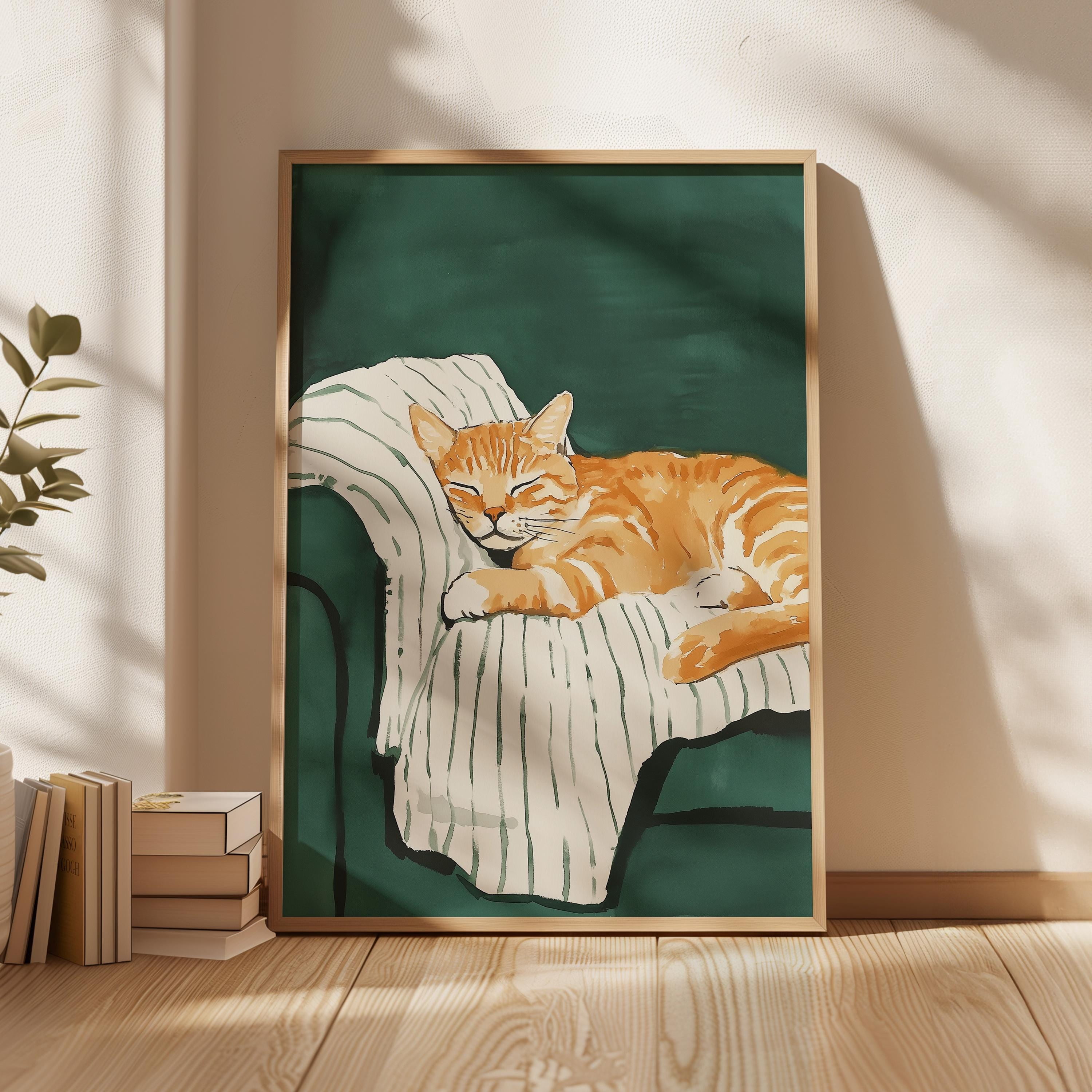 Cozy Orange Tabby Cat Art Print Whimsical Pet Portrait Home Decor ...