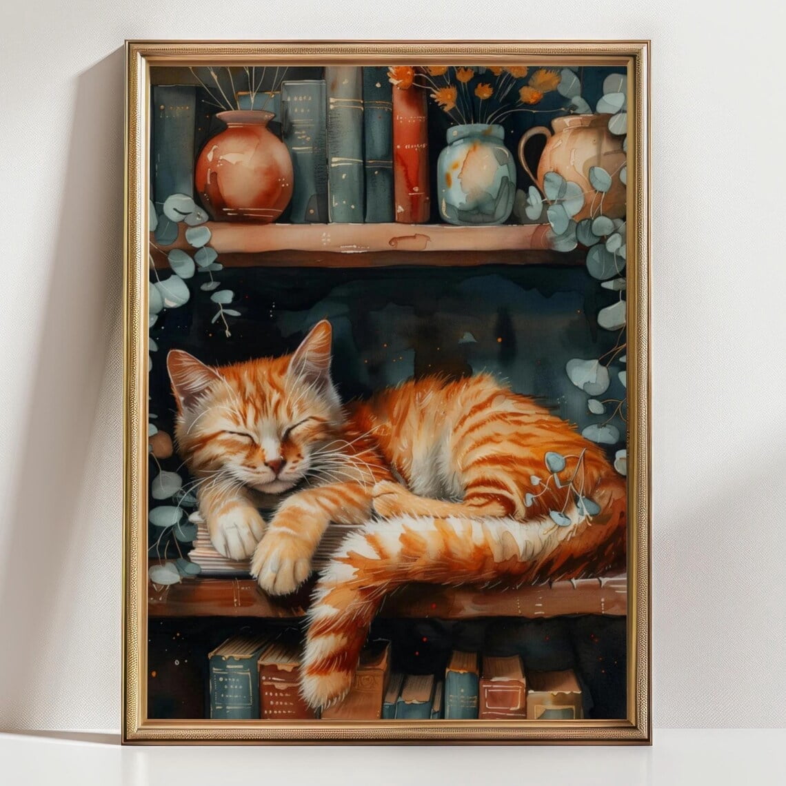 Cozy Orange Tabby Cat Sleeping On Bookshelf Poster, Bookish Feline Wall ...