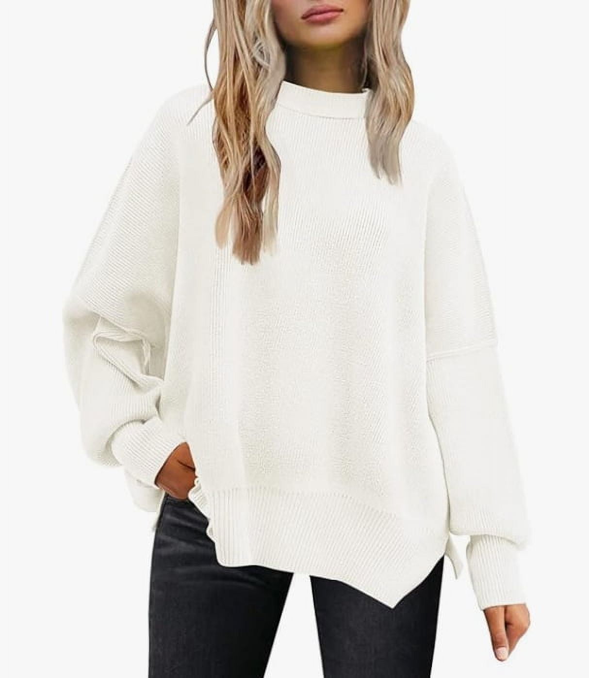 Cozy Oversized Sweater for Women Side Slit Knit Pullover Crewneck Top ...