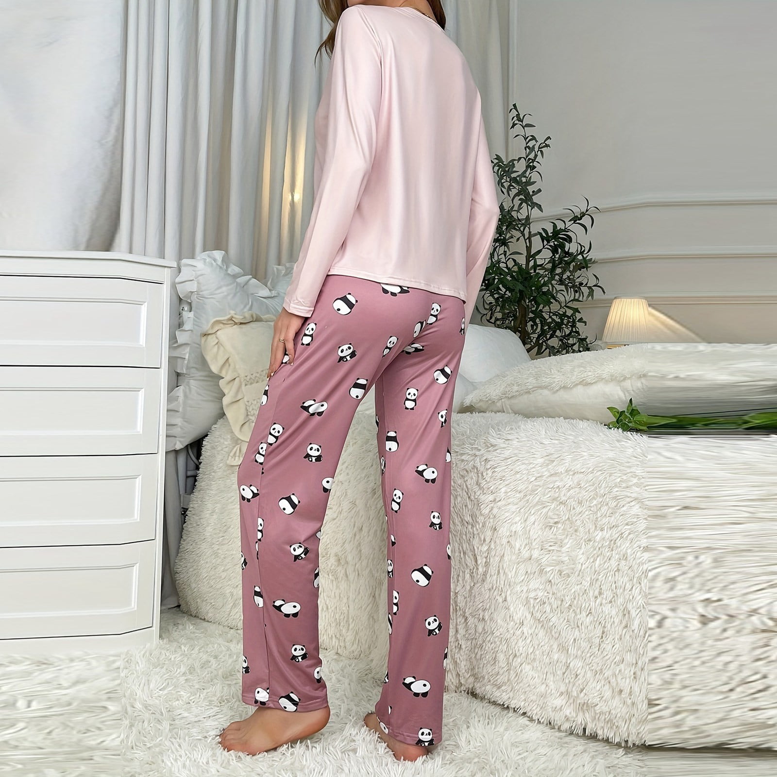Cozy Panda Cartoon Long Sleeve Pajama Set For Women Comfortable Two ...