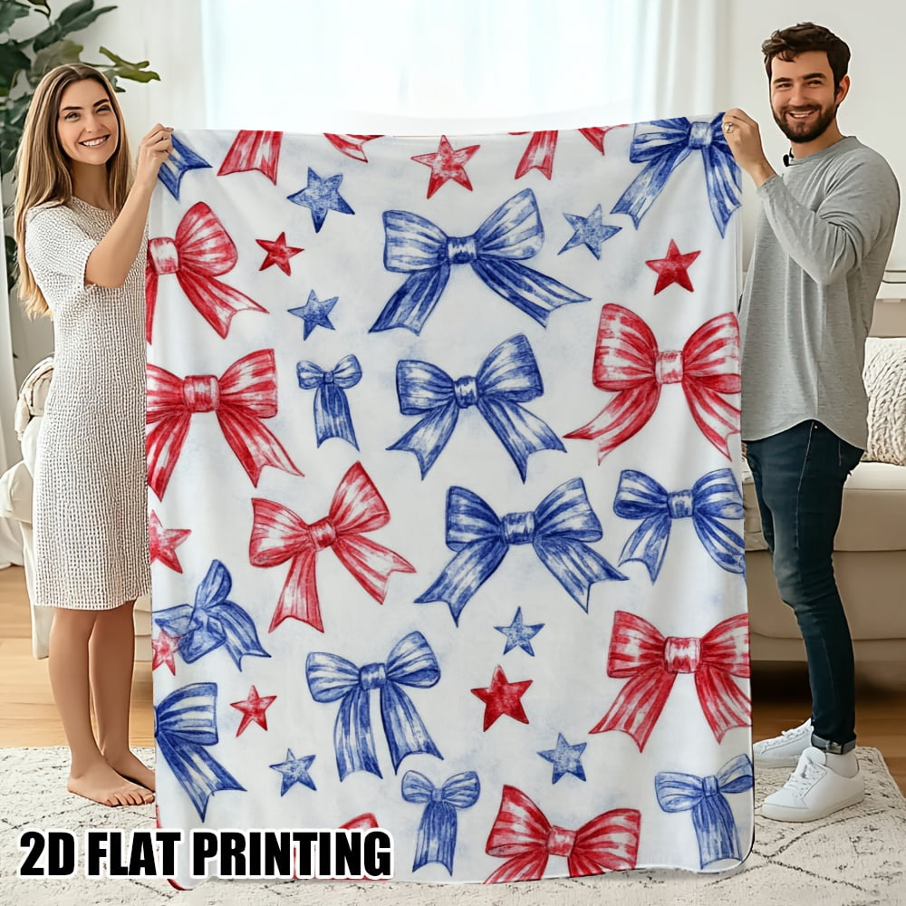 Cozy Patriotic Bows & Stars Flannel Throw Blanket, Plush Red White Blue ...