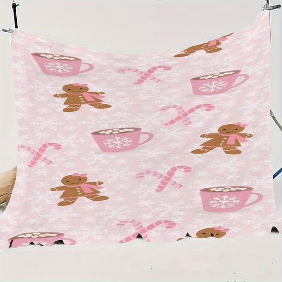 Cozy Pink Gingerbread Candy Cane Print Throw Blanket - Soft Lightweight ...