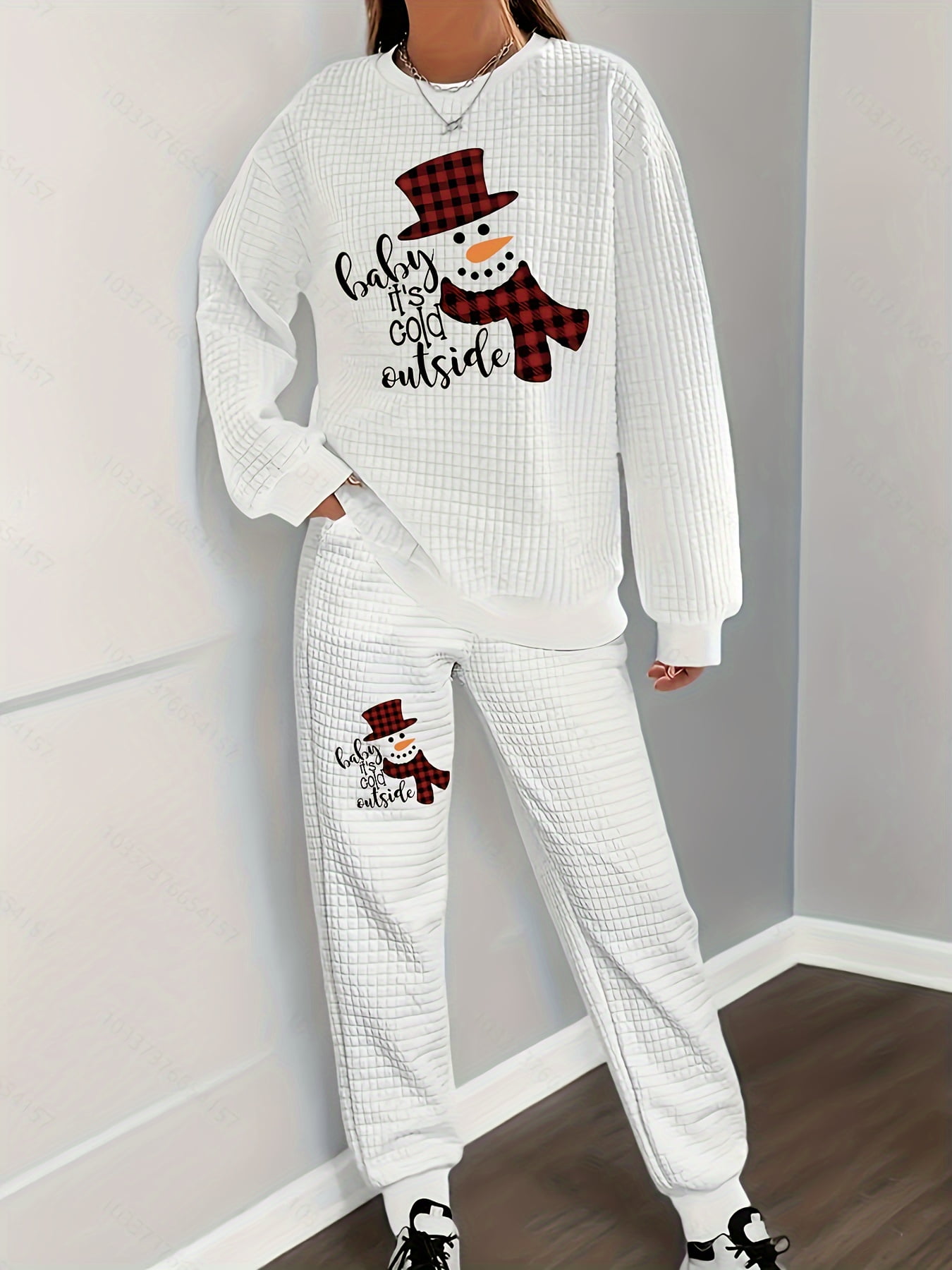 Cozy Plus Size Snowman Waffle Print Two-Piece Set - Plus Size Co-ords ...