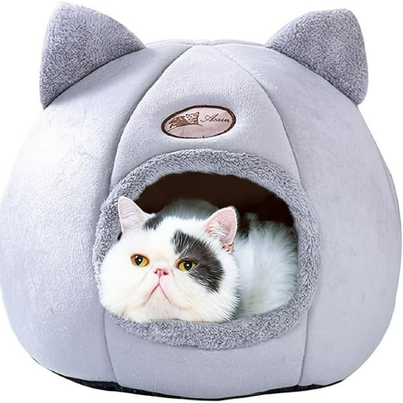 Cozy Plush Cat Bed with Removable Cushion & Playful Ear Design - Gray ...