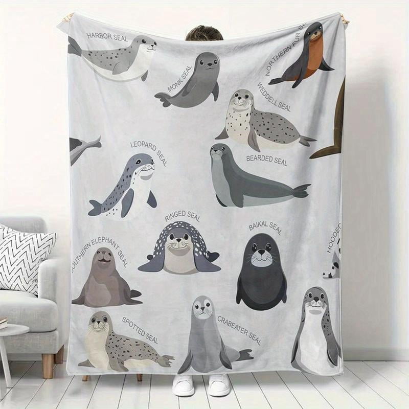 Cozy Plush Flannel Blanket with Seal Illustrations - Soft Warm Throw ...
