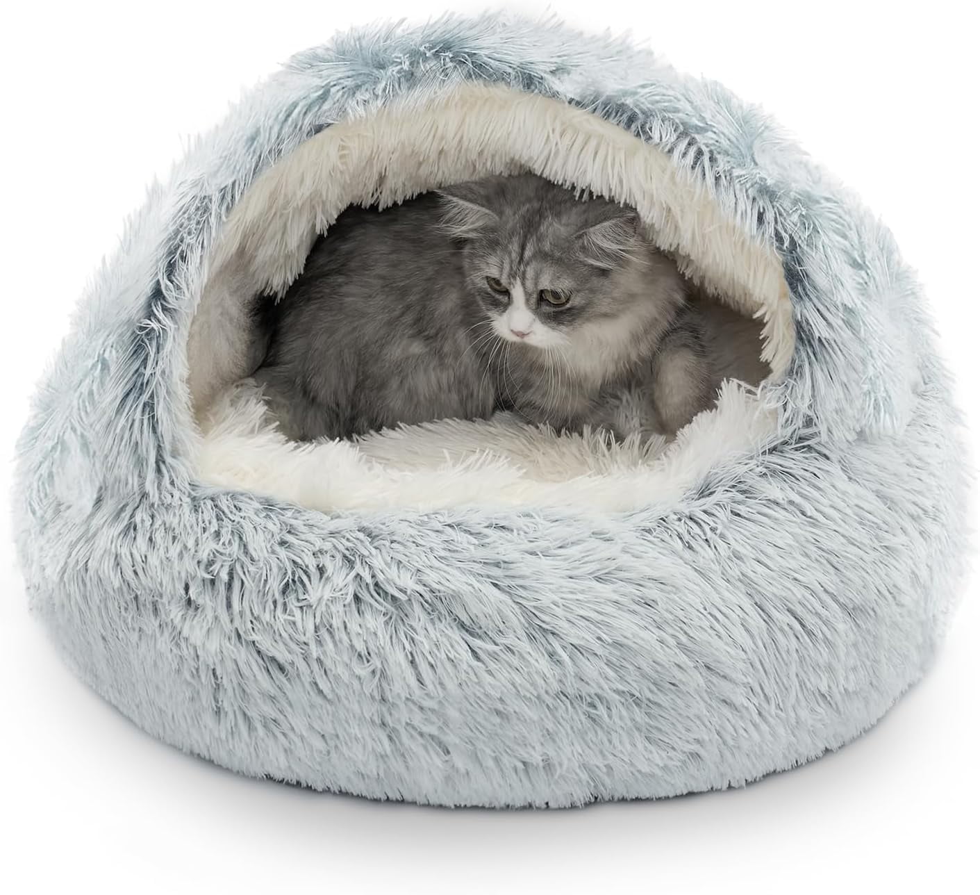 Cozy Plush Hooded Cat Bed, Indoor/Outdoor, Self-Warming Cave, Removable ...