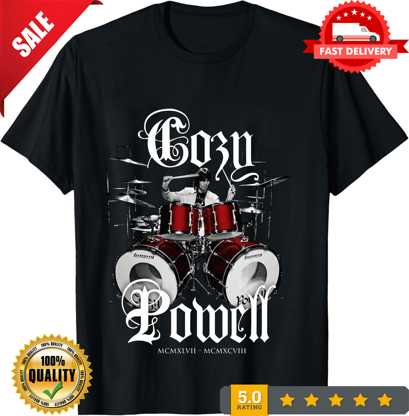 Cozy Powell T-shirt Cotton Tee For Men Women, ULTRA LIMITED-TH75525 ...