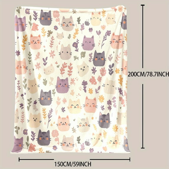 Cozy Printed Blanket with Adorable Cats & Wildflowers, Perfect Gift for ...