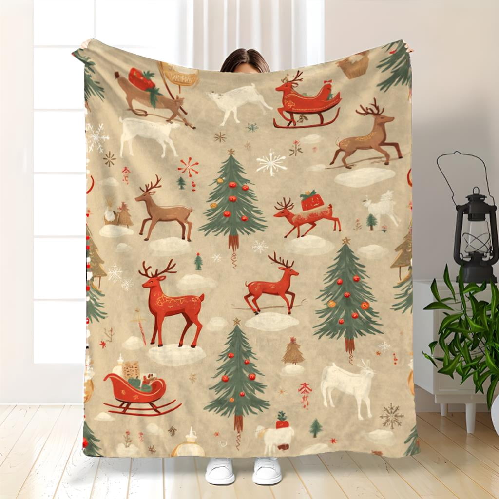 Cozy Quilted Flannel Throw Blanket - Winter Reindeer Snowflakes Trees ...