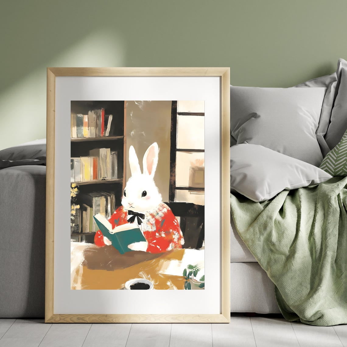Cozy Rabbit Reading By Bookshelf Poster, Whimsical Bunnyvintage Animal ...
