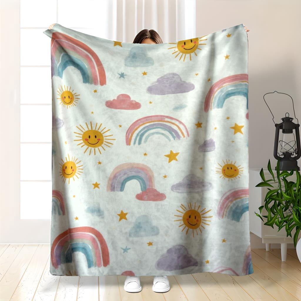 Cozy Rainbow Flannel Throw Blanket with Playful Sun and Cloud Design ...