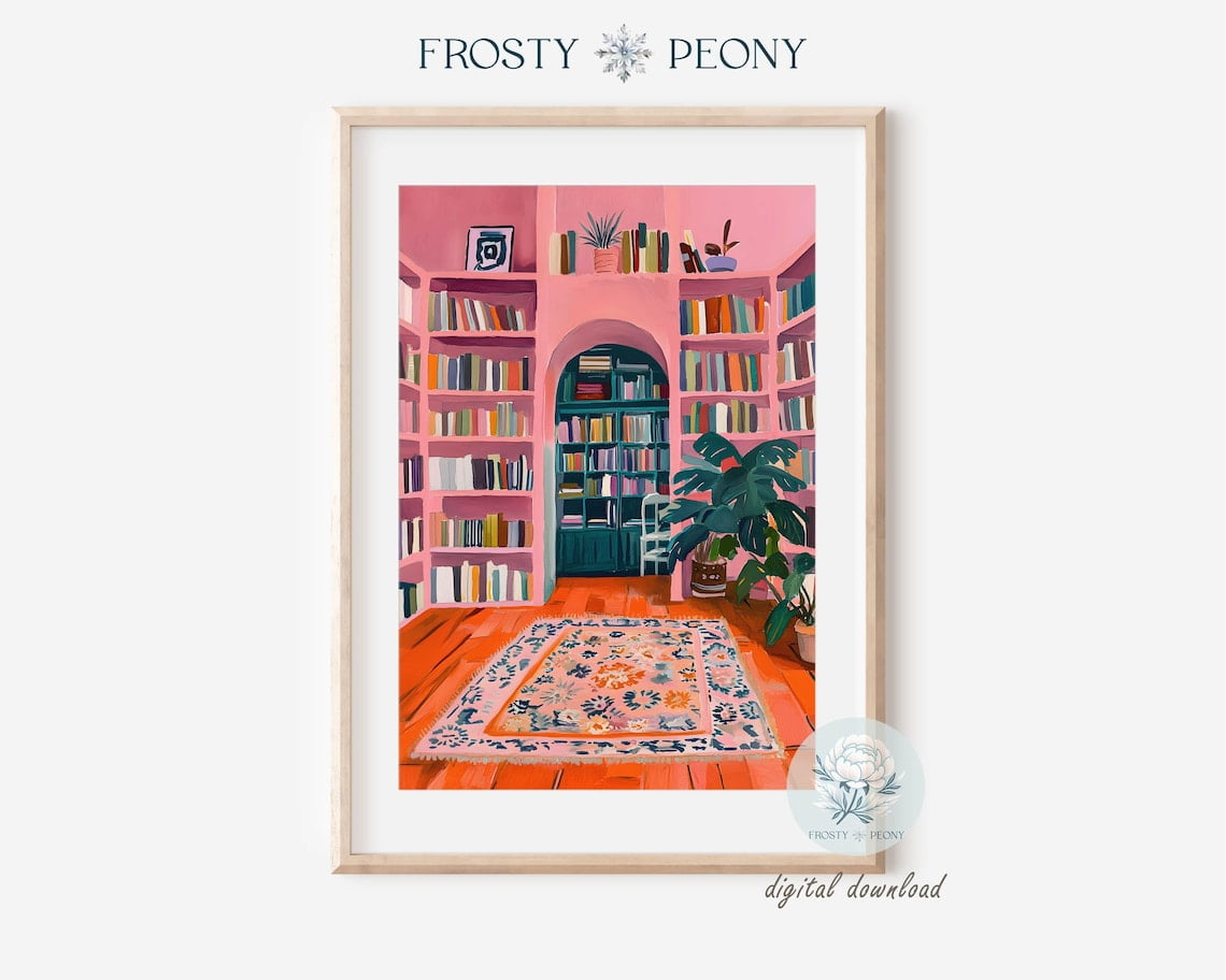 Cozy Reading Corner Art Print, Vibrant Bookshelves And Plants Art Print ...
