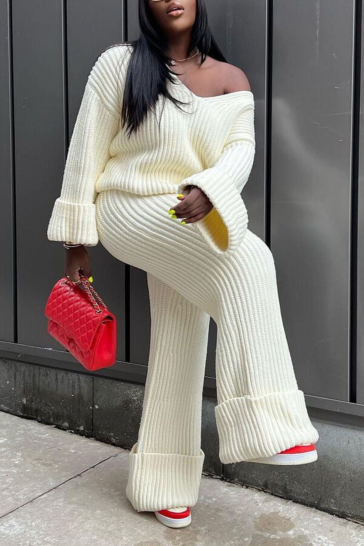 Cozy Ribbed Knit Set (L, White) - Walmart.com