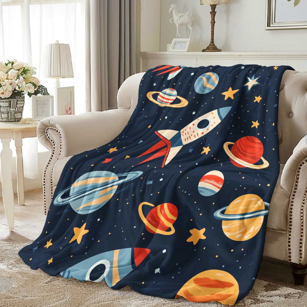 Cozy Rocket & Space-Themed Flannel Blanket - Soft, Warm Throw for Naps ...