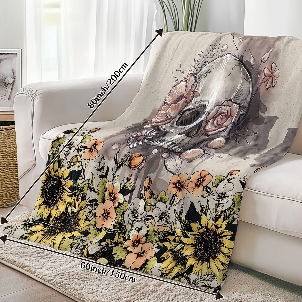 Cozy Rustic Skull & Sunflower Fleece Throw Blanket - Soft Warm Floral ...