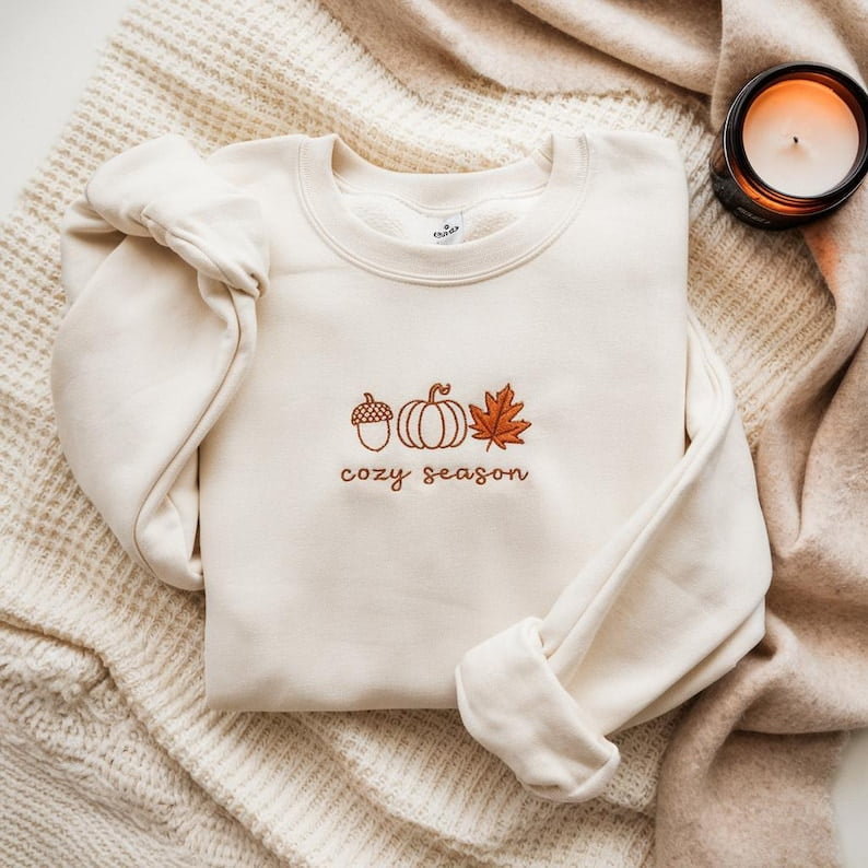 Cozy Season Minimalist Embroidered Sweatshirt | Pumpkin Leaf Acorn ...