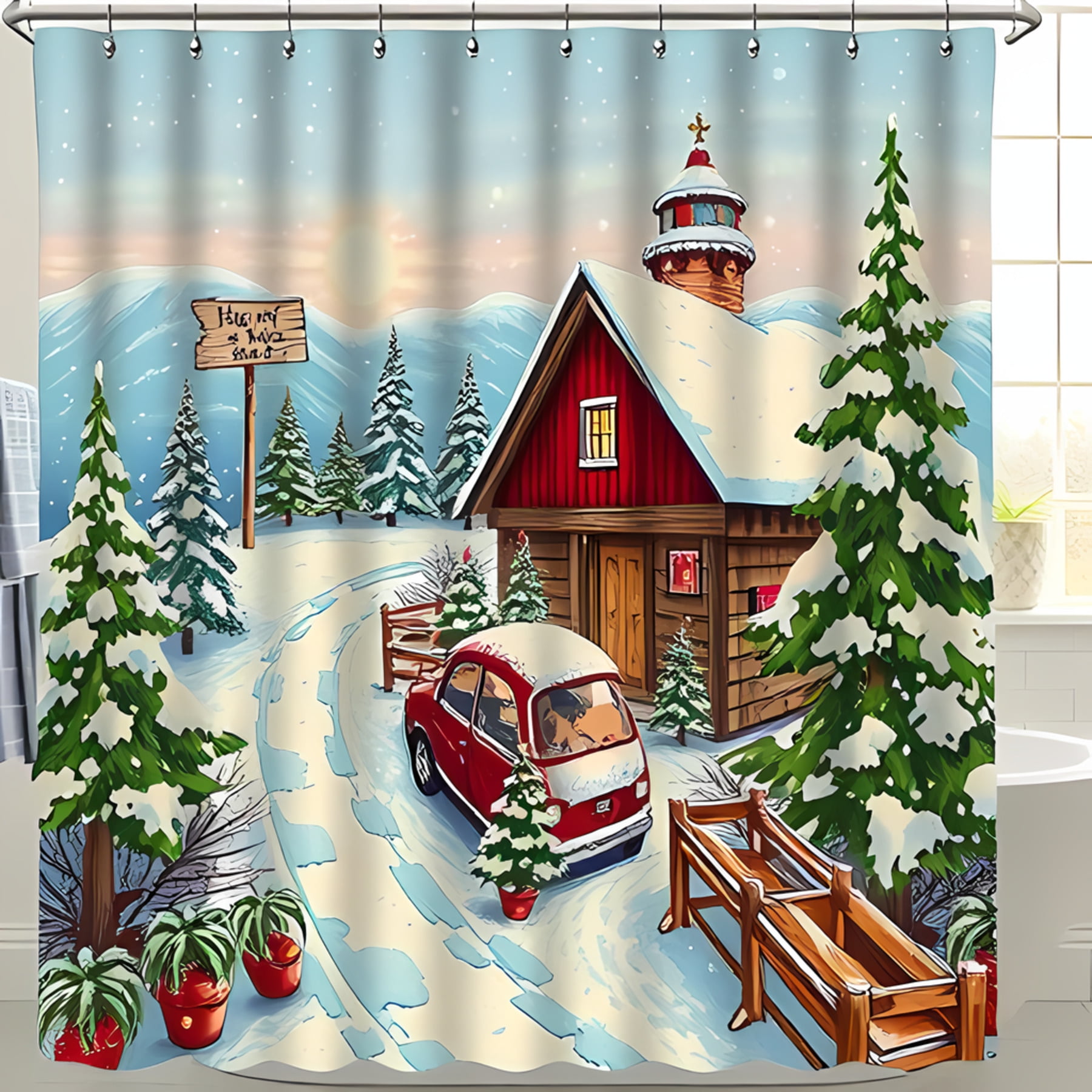 Cozy Shower Curtain Snowy Cabin Scene With Trees And Festive Atmosphere Perfect For Holiday