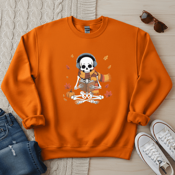 Cozy Skeleton Reading Book Halloween Autumn Bookworm Graphic Sweatshirt ...
