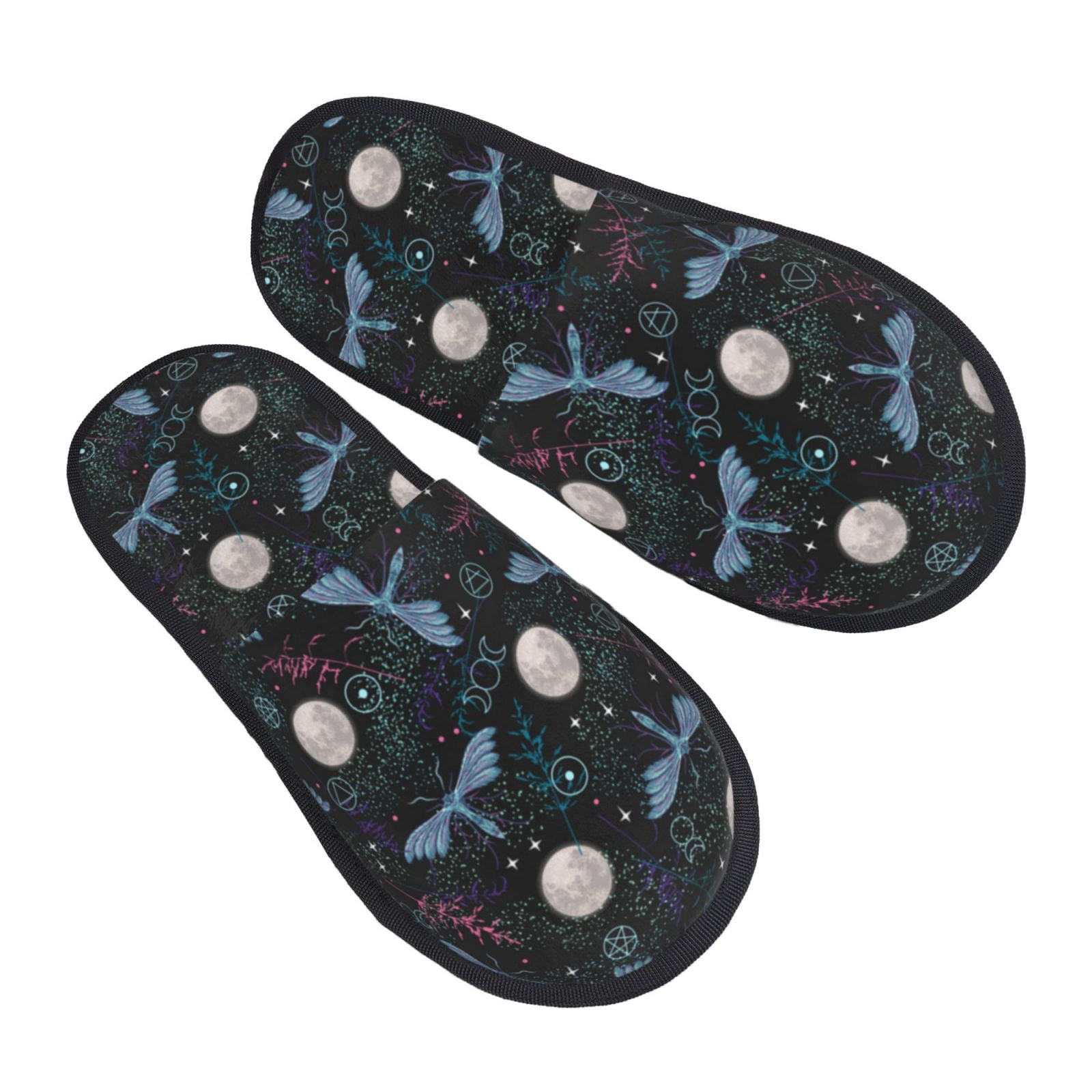 Cozy Slippers for Women Men Night Full Moon Stars Butterfly Moth Blades ...