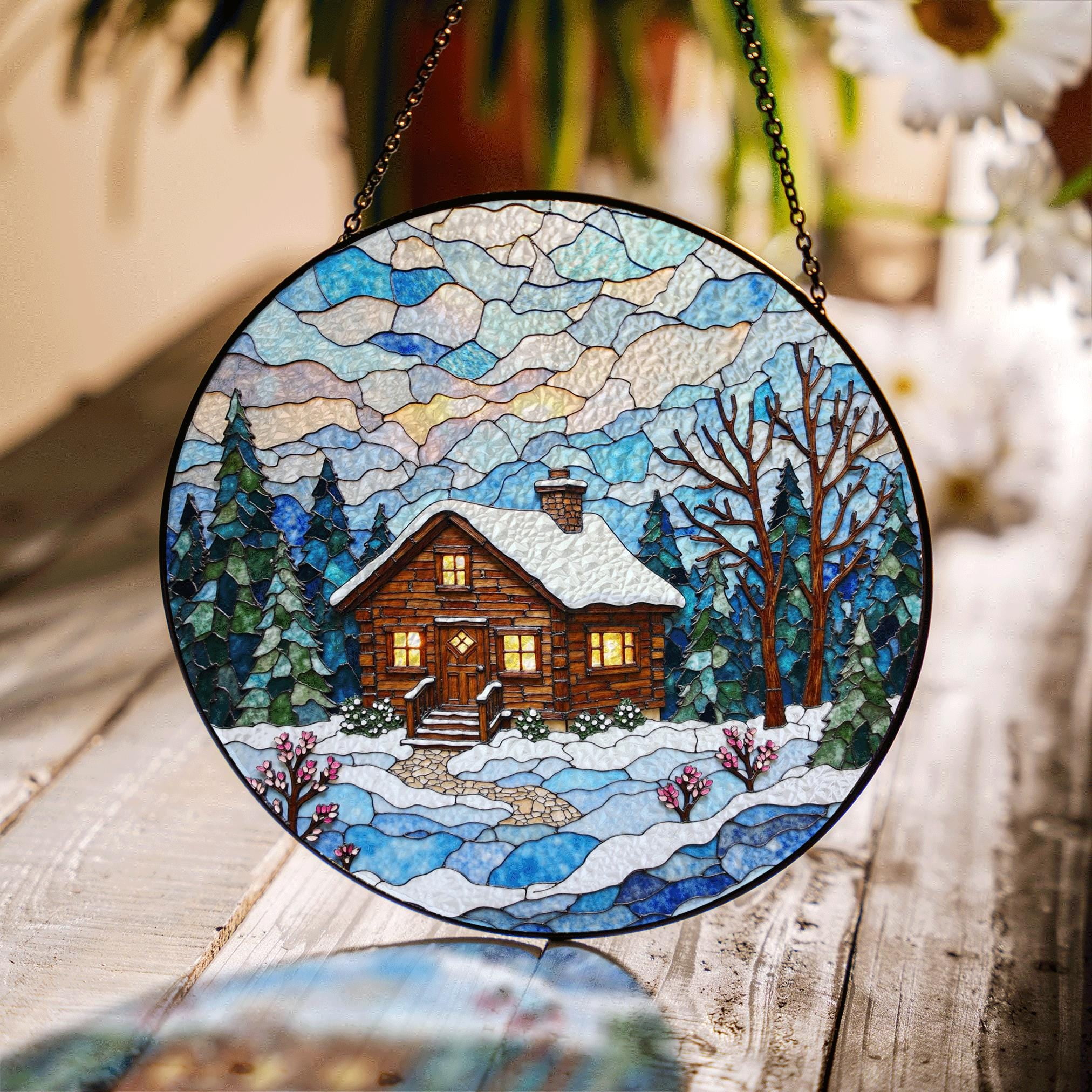 Cozy Snow Cabin Winter Scene Stained Glass Style Suncatcher, Cabin ...