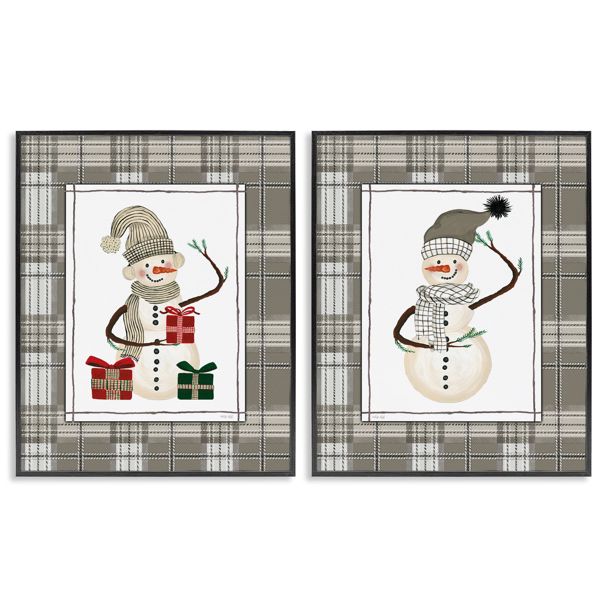 Stupell Industries Cozy Snowmen on Plaid 2 Piece Black Framed Giclee ...