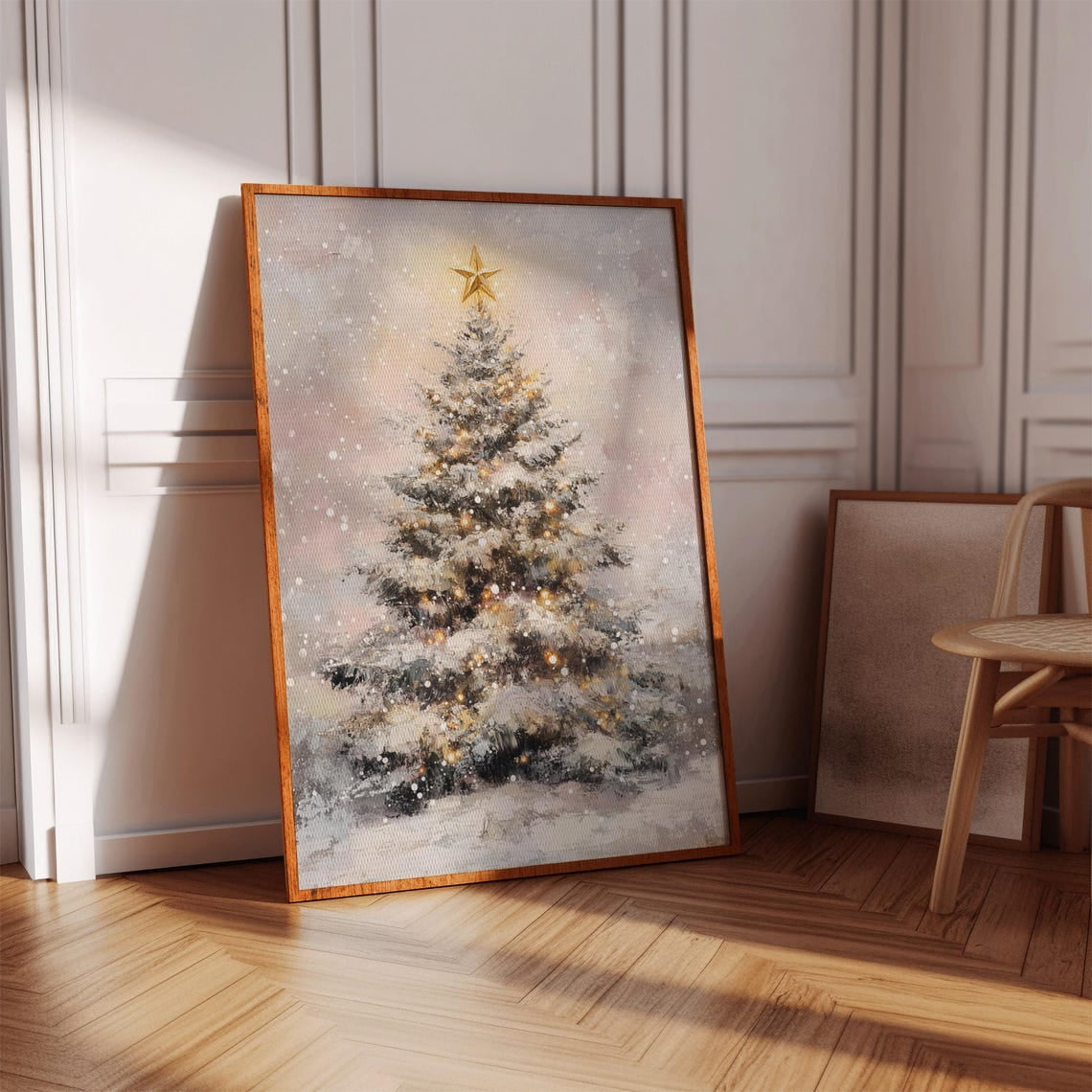 Cozy Snowy Tree Print – Glowing Lights And Golden Star Wall Art ...