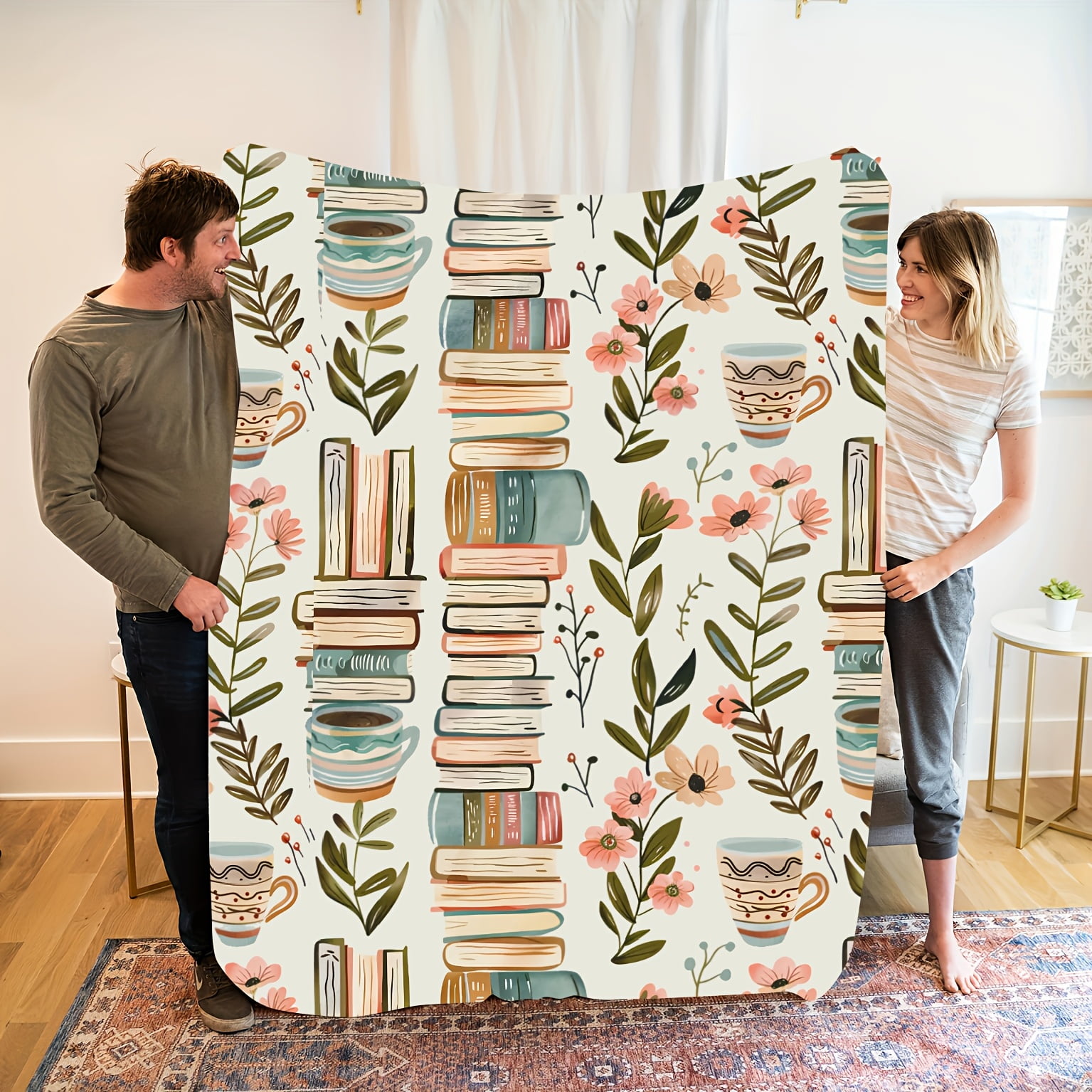 Cozy Soft Flannel Blanket - Whimsical Book & Floral Print, Anti-Tear ...