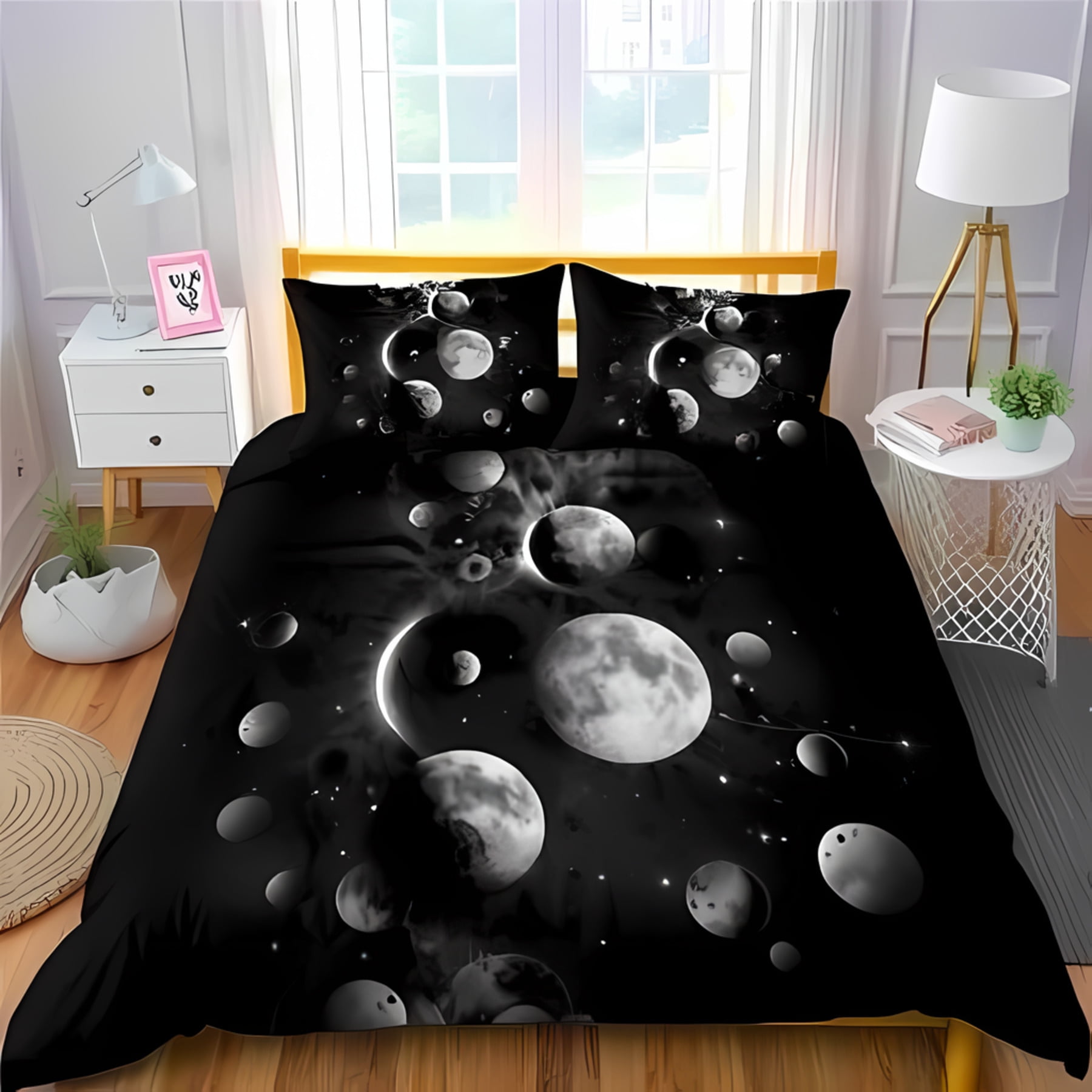 Cozy SpaceThemed Black Comforter Set with Design - Moons & Planets Full ...
