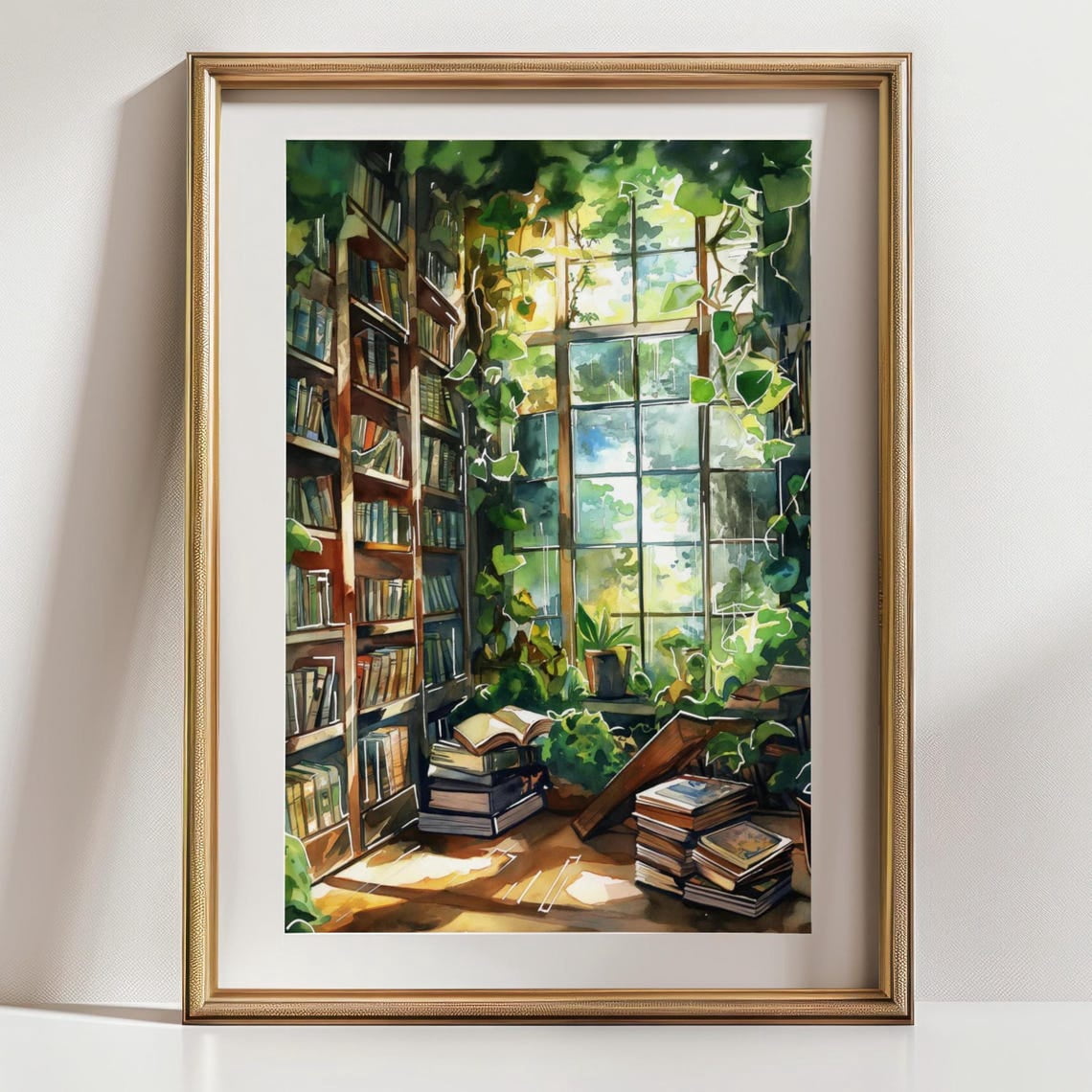 Cozy Sunlit Library Art Print – Indoor Garden Reading Nook Illustration ...