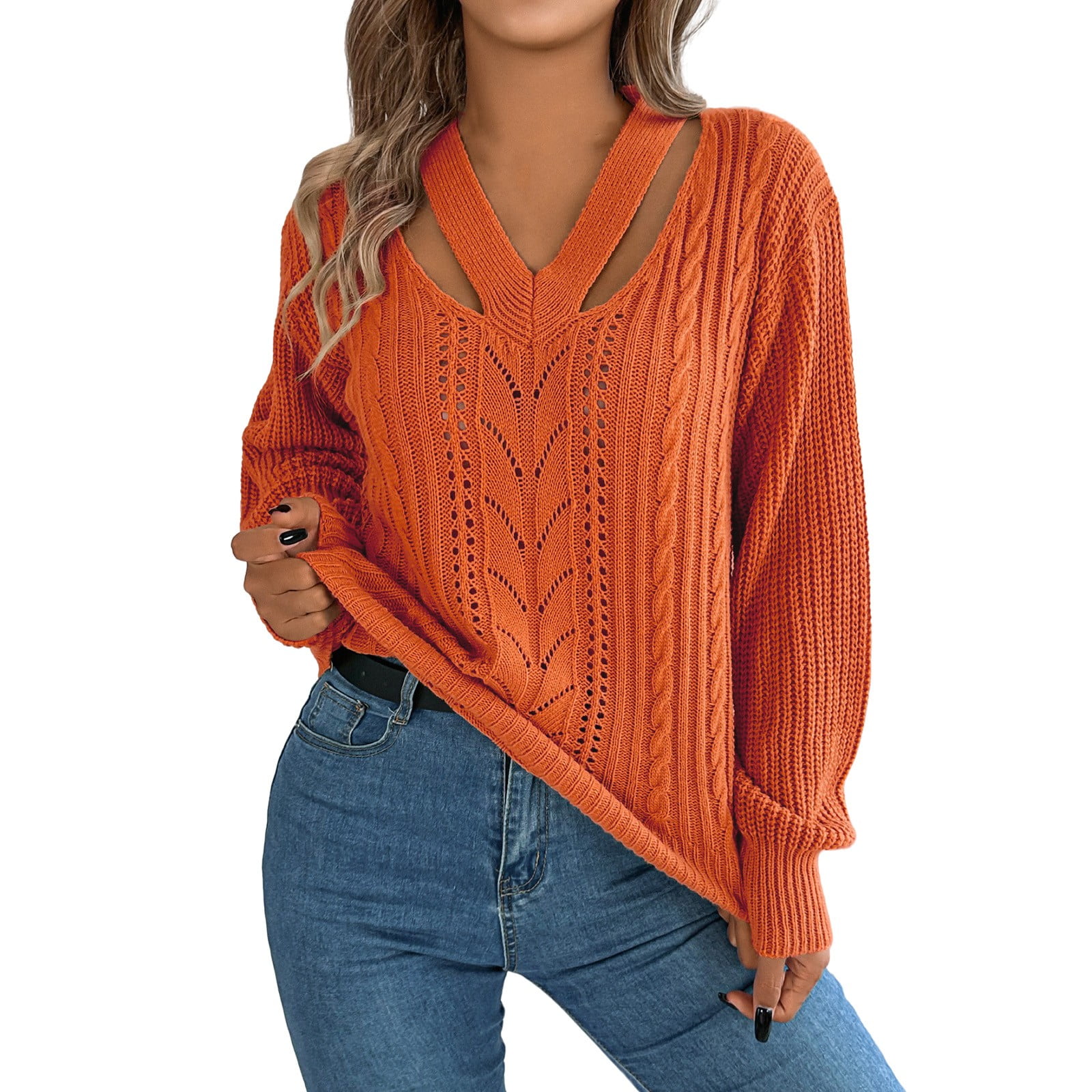 Cozy Sweaters For Women Casual Loose Fit Solid Color Hollow Out Long ...