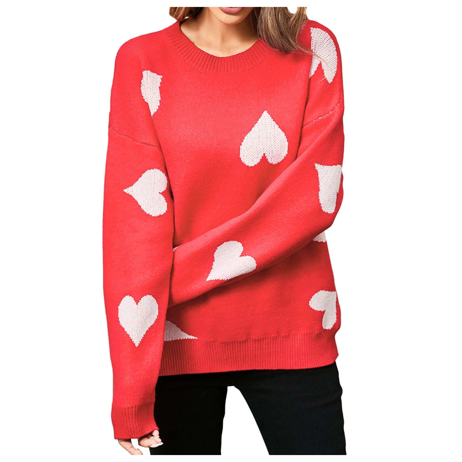 Cozy Sweaters For Women Casual Relaxed Fit Heart Printed Long Sleeve ...