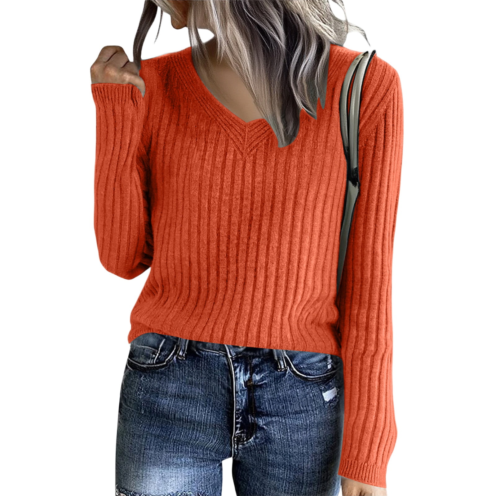 Cozy Sweaters for Women Casual Long Sleeve Loose V-Neck Knit Solid ...