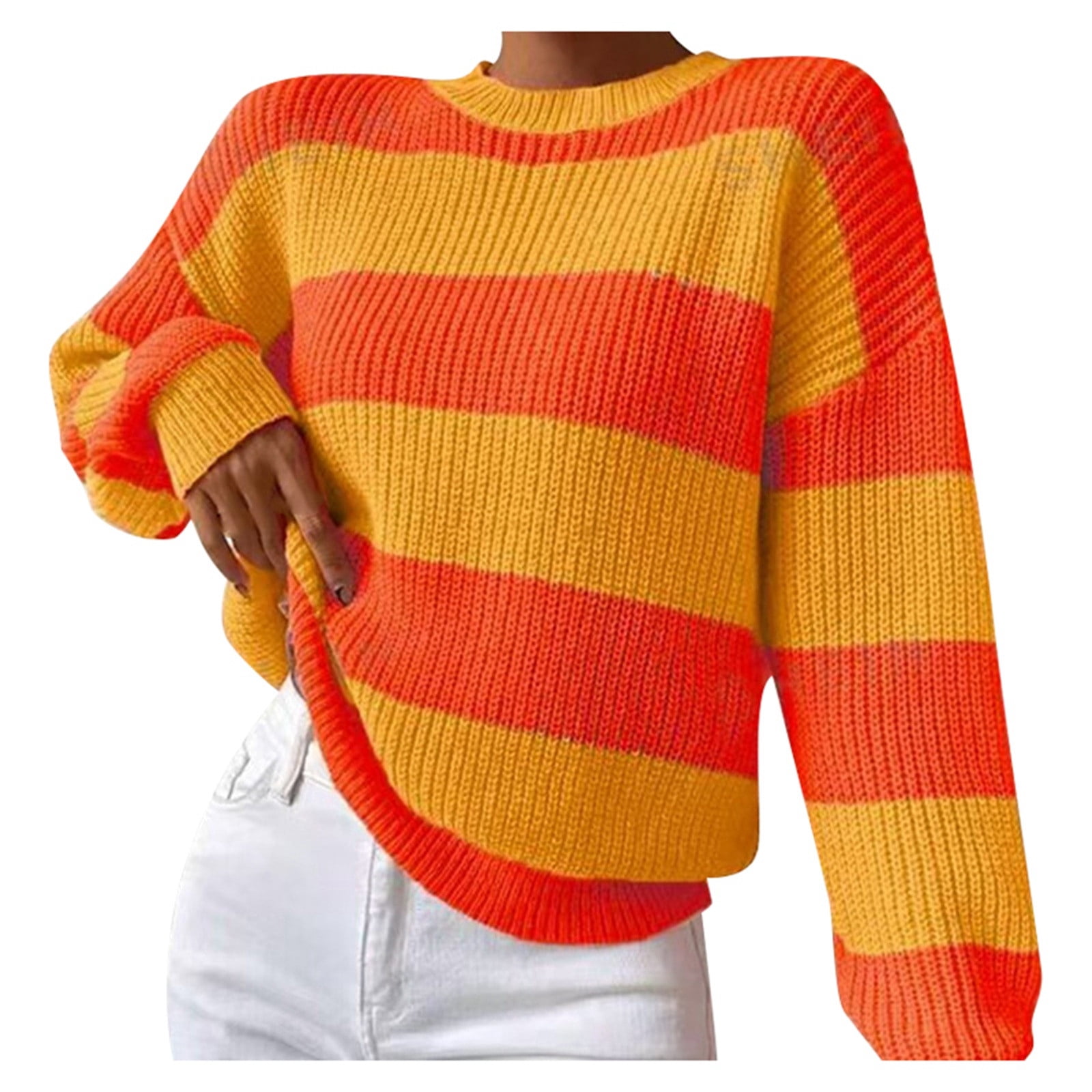 Cozy Sweaters for Women Casual Relaxed Fit Patchwork Striped Crew Neck ...