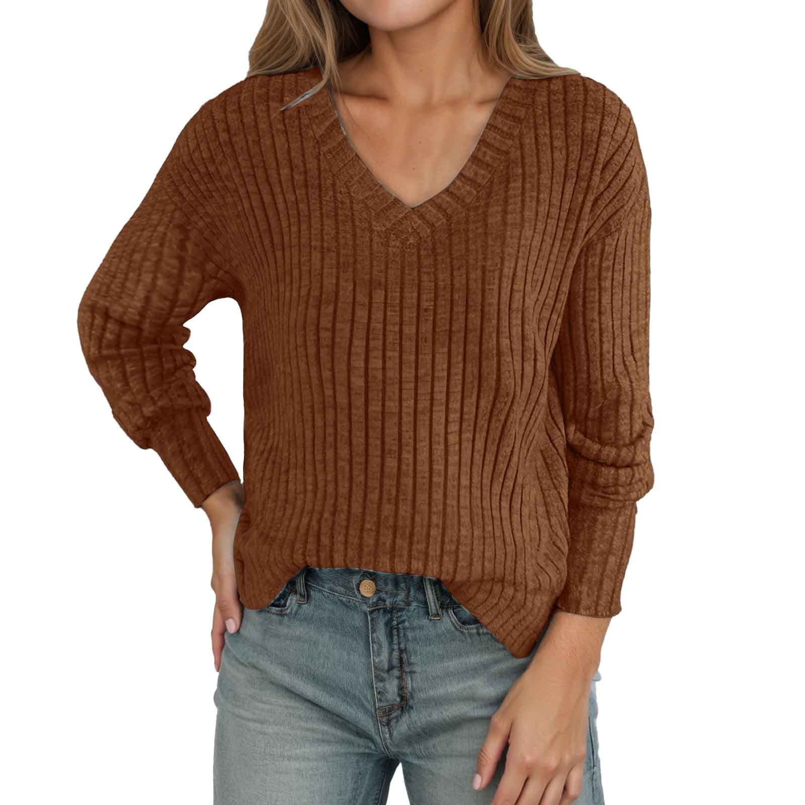 Cozy Sweaters for Women Loose Fit Casual Basic Solid Color V Neck Long ...