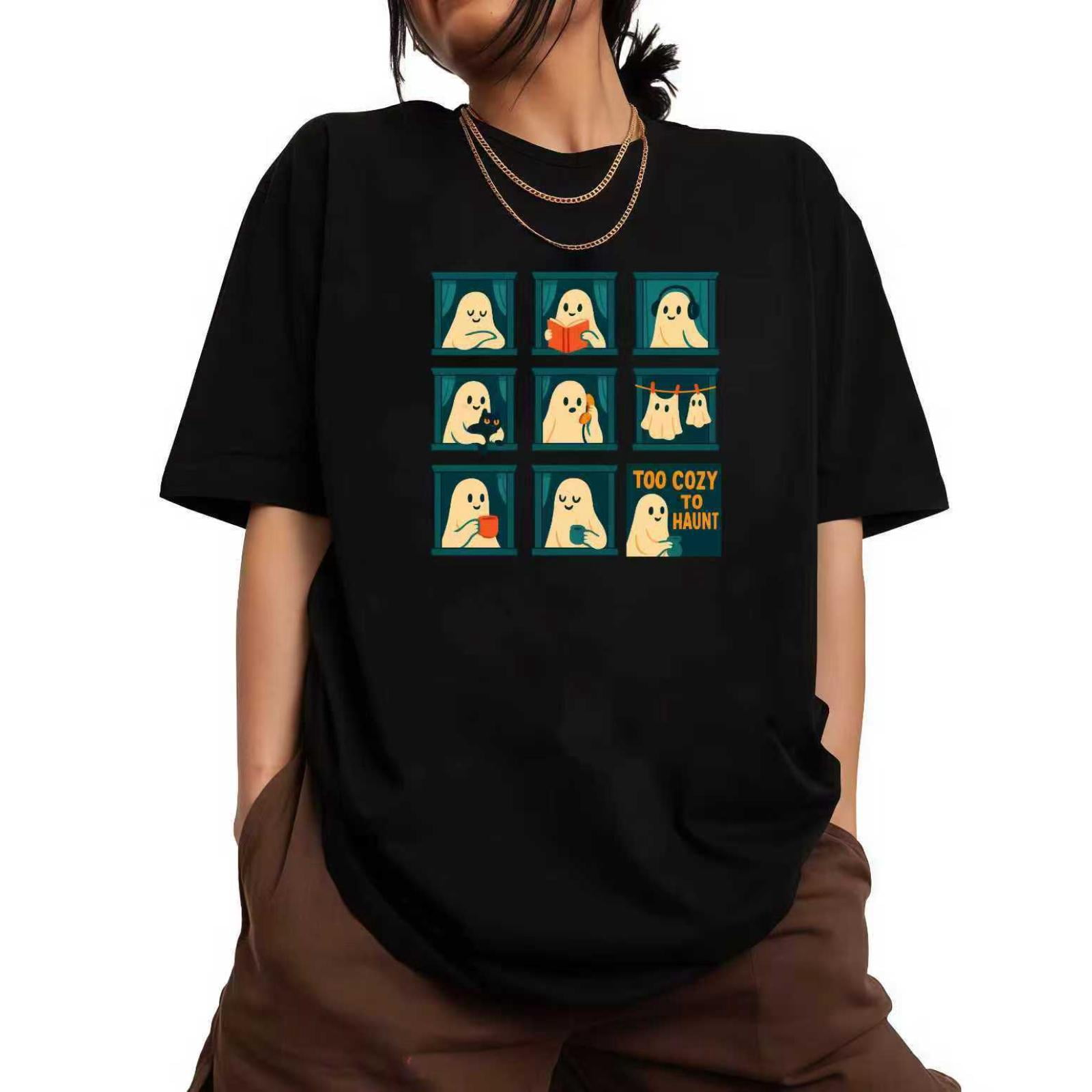 Cozy T-Shirt with 'Too Cozy To Haunt' Slogan & Relaxing Ghost Graphic ...