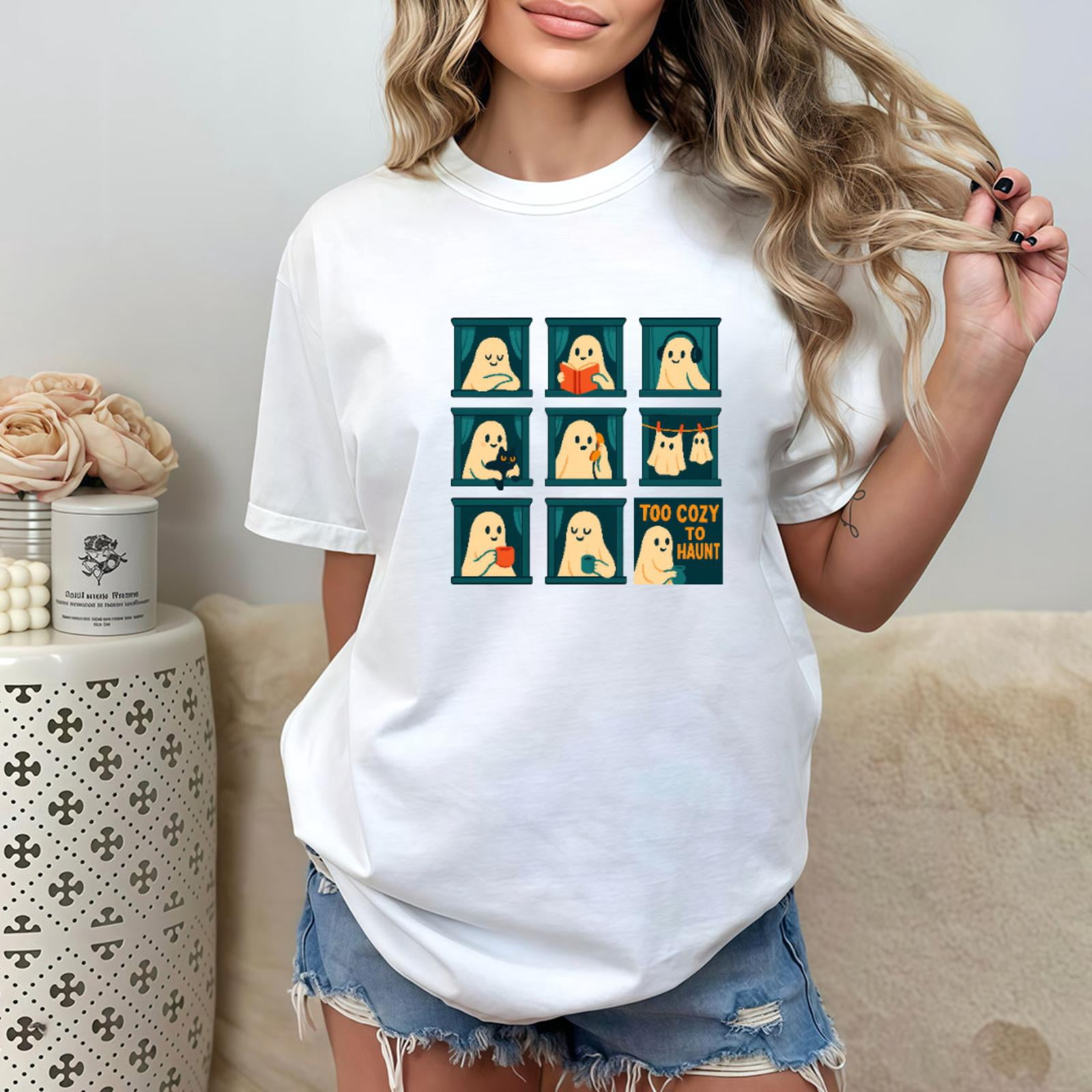 Cozy T-Shirt with 'Too Cozy To Haunt' Slogan & Relaxing Ghost Graphic ...