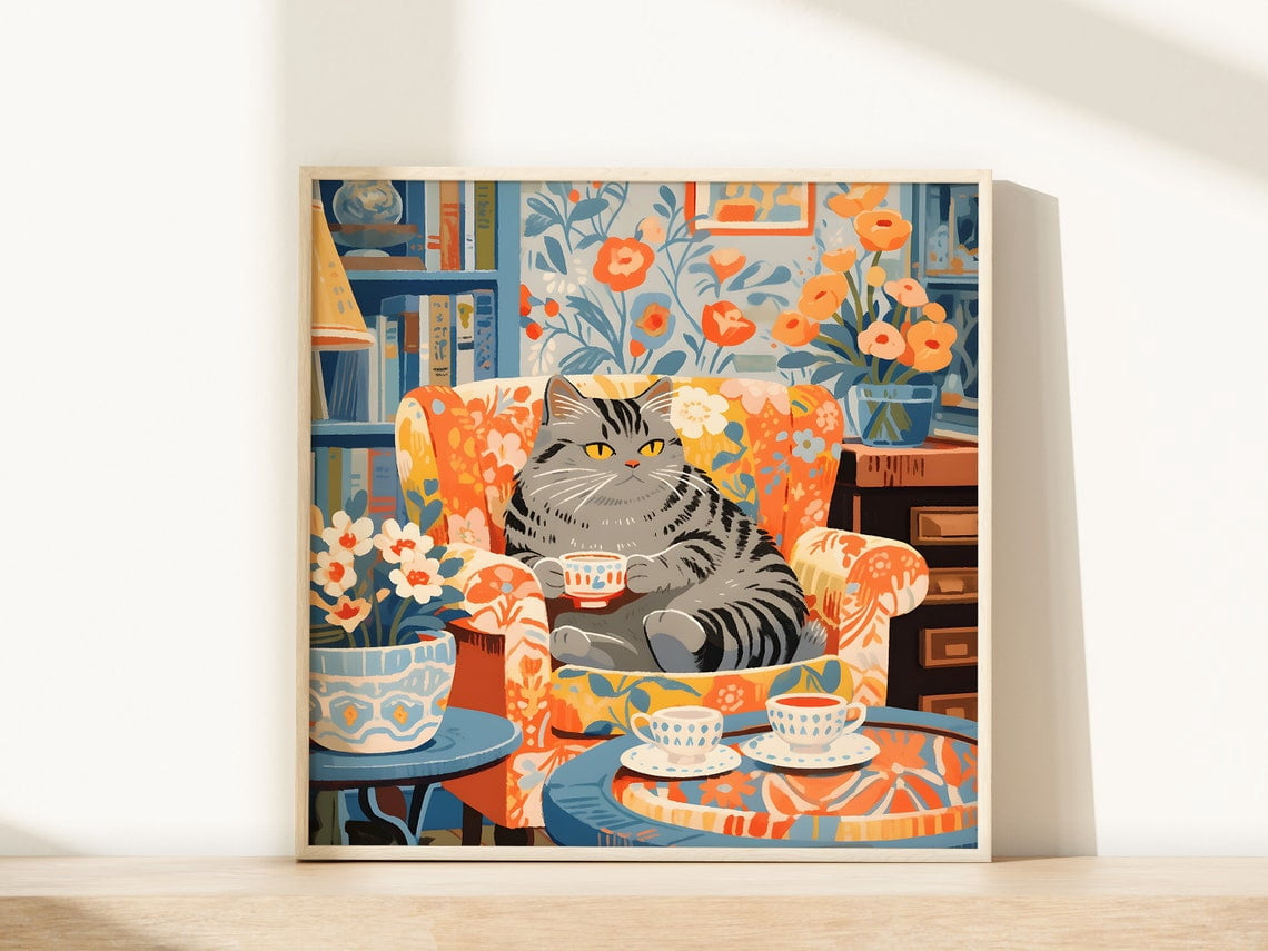 Cozy Tabby Cat Print Of Coffee Of Grey Tabby Cat Poster Gifts For Cat ...