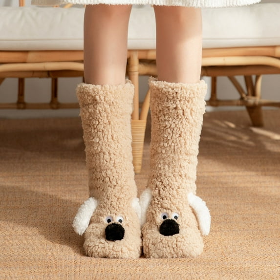 Cozy Thick Coral Fleece Non-Slip Slipper Socks for WomenCute Puppy ...