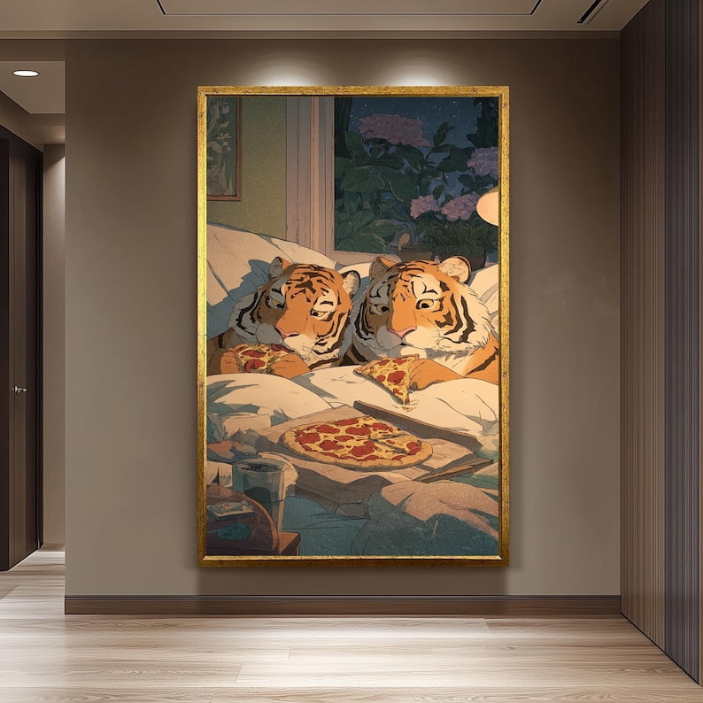 Cozy Tigers Eating Pizza Wall Art Whimsical Animal Canvas Print Two ...