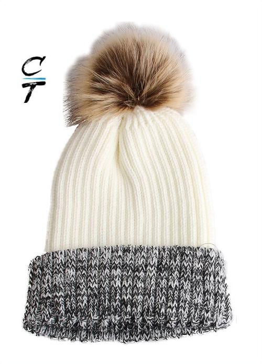 Cozy Time Two Tone Winter Fur Pom Acrylic Knitted Beanie Hats for Extra ...