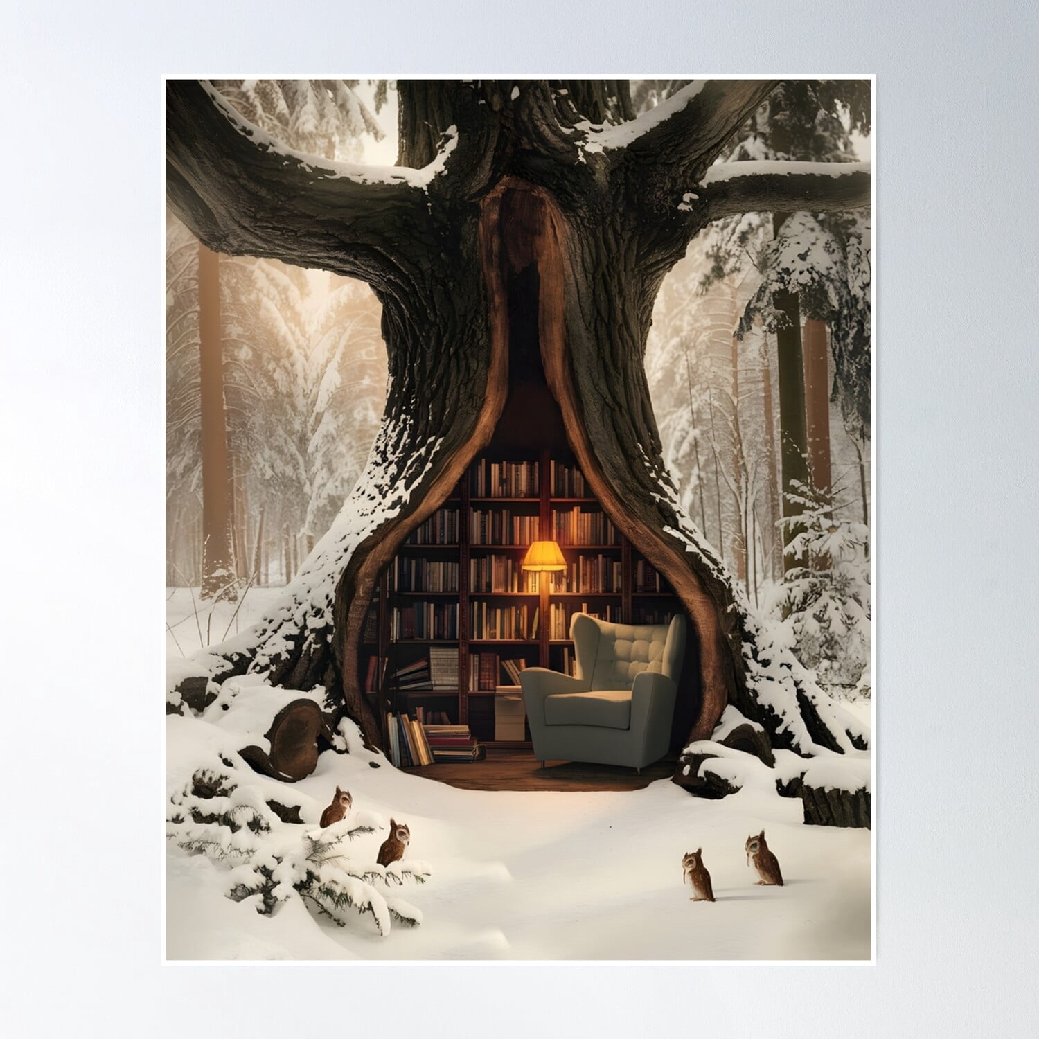 Cozy Tree Library In Winter Forest Poster Wall Art, Modern Wall Decor ...