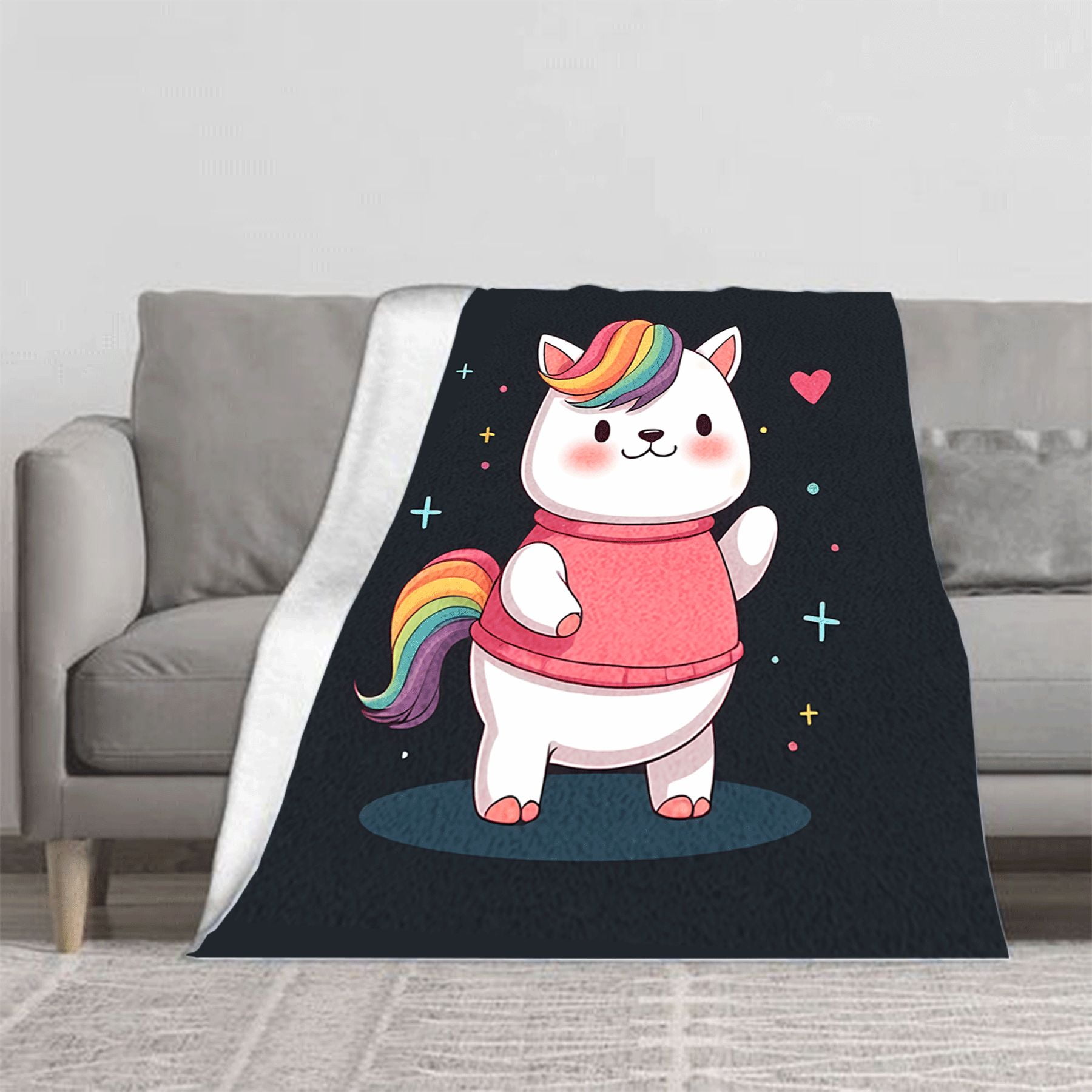 Cozy Unicorn Flannel Blanket - Soft Warm Cartoon Design with Rainbow ...