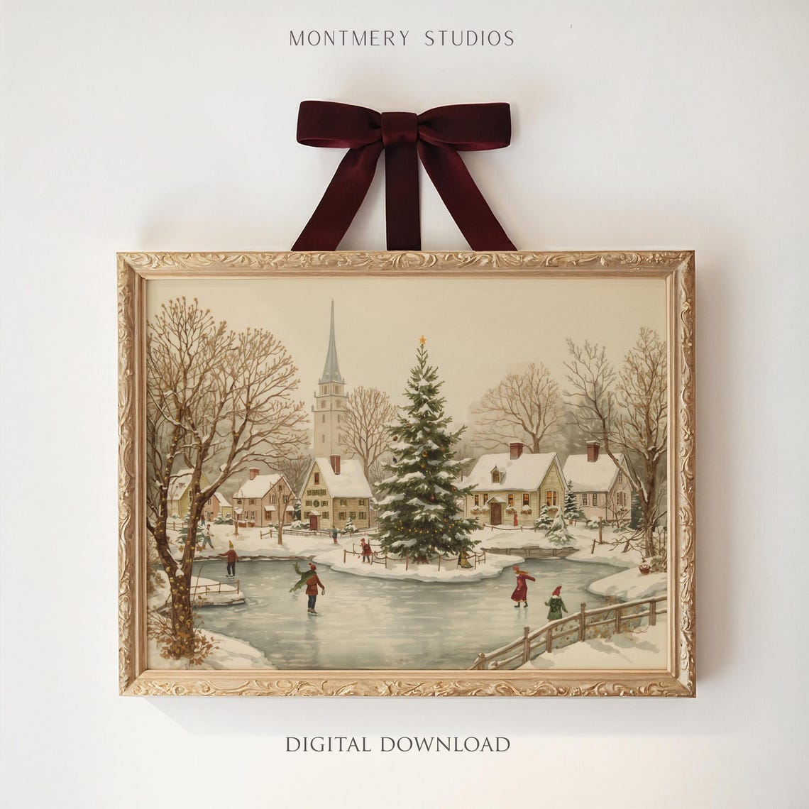 Cozy Village Poster, Ice Skating Print Poster, Neutral Village Art ...